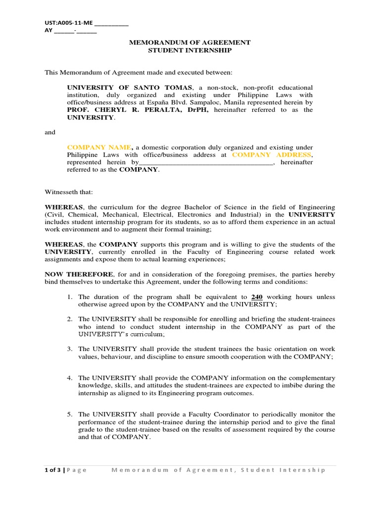 Memorandum of Agreement for Student Internship Program Between ...