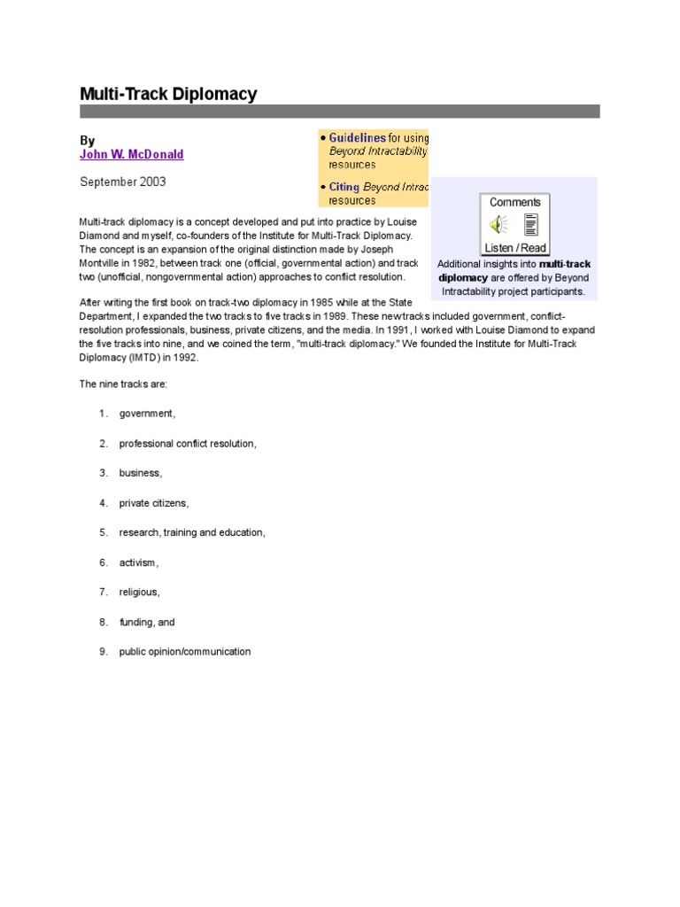 Multi-Track Diplomacy: John W. Mcdonald | PDF | Peace | Cognition