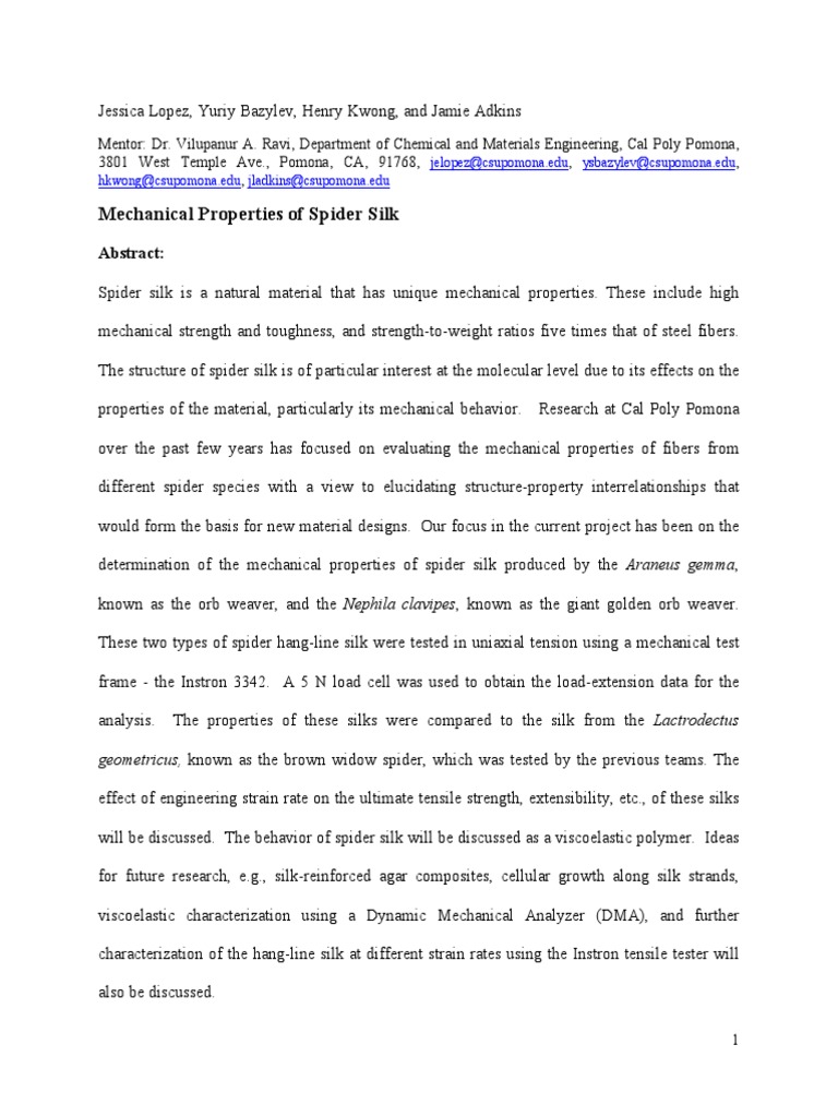 Properties of Spider Silk | PDF | Ultimate Tensile Strength | Young's ...