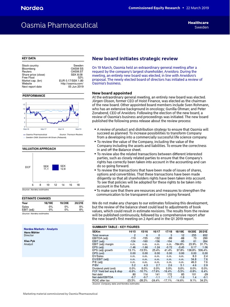 Oasmia-Pharmaceutical Commissioned Research 220319 | PDF | Free Cash ...