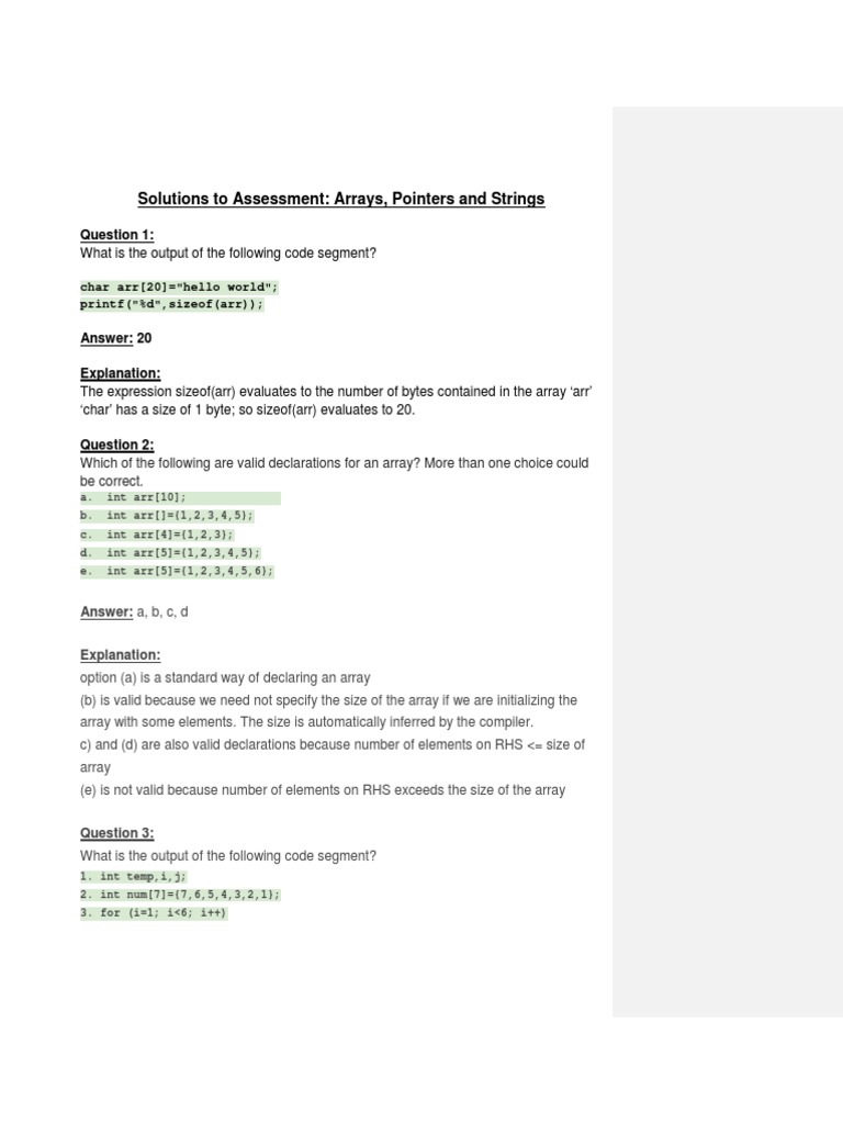 Solutions To Assessment: Arrays, Pointers and Strings: What Is The Output of The Following Code ...