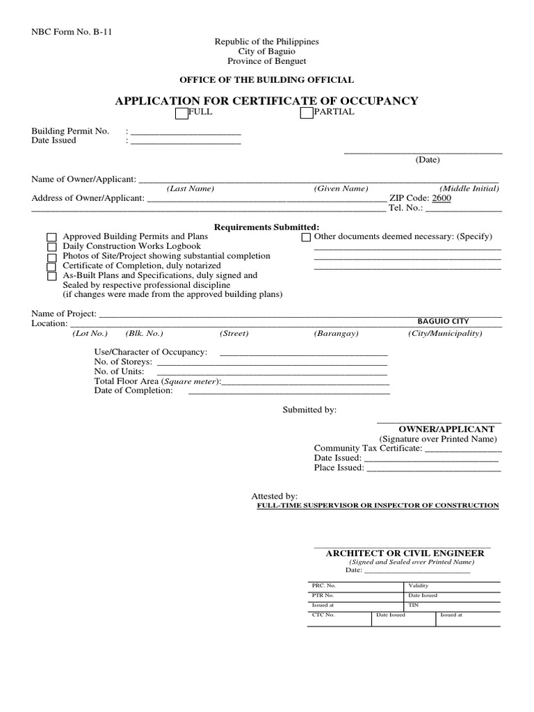 Application For Certificate of Occupancy: (Given Name) (Middle Initial ...