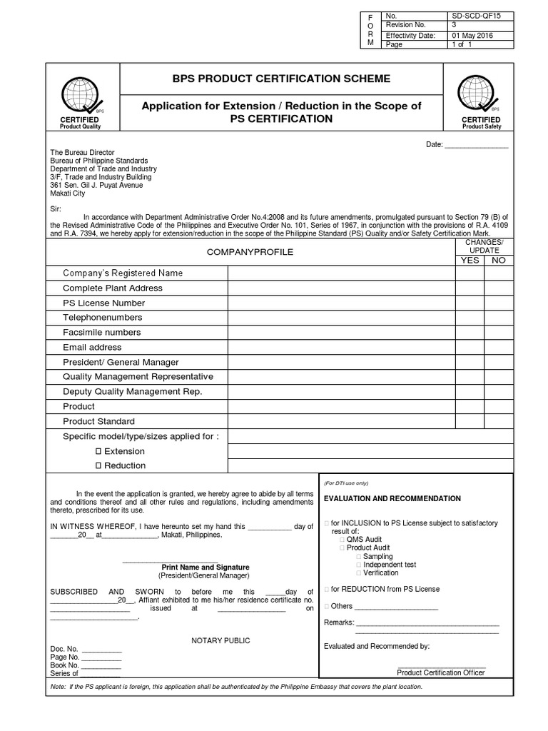 Bps Product Certification Scheme Application For Extension / Reduction ...