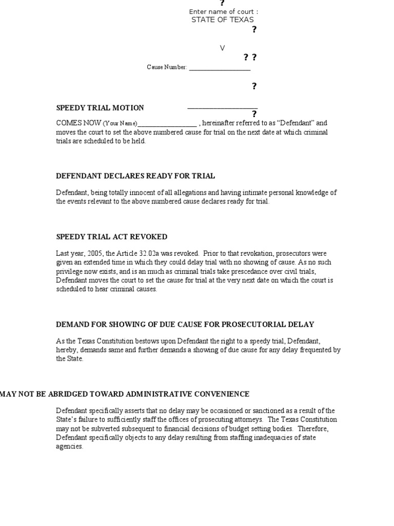 Blank Speedy Trial Motion | PDF | Prosecutor | Legal Procedure