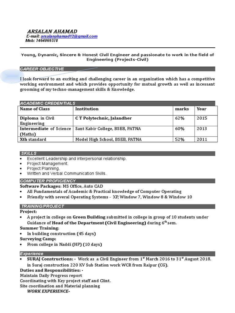 CV of Arsalan | PDF | Civil Engineering | Engineering