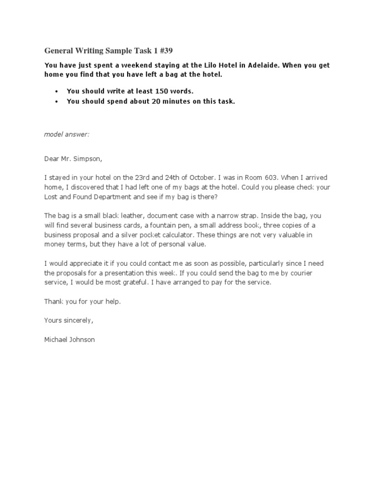 General Writing Sample Task 1 #39: Model Answer | PDF