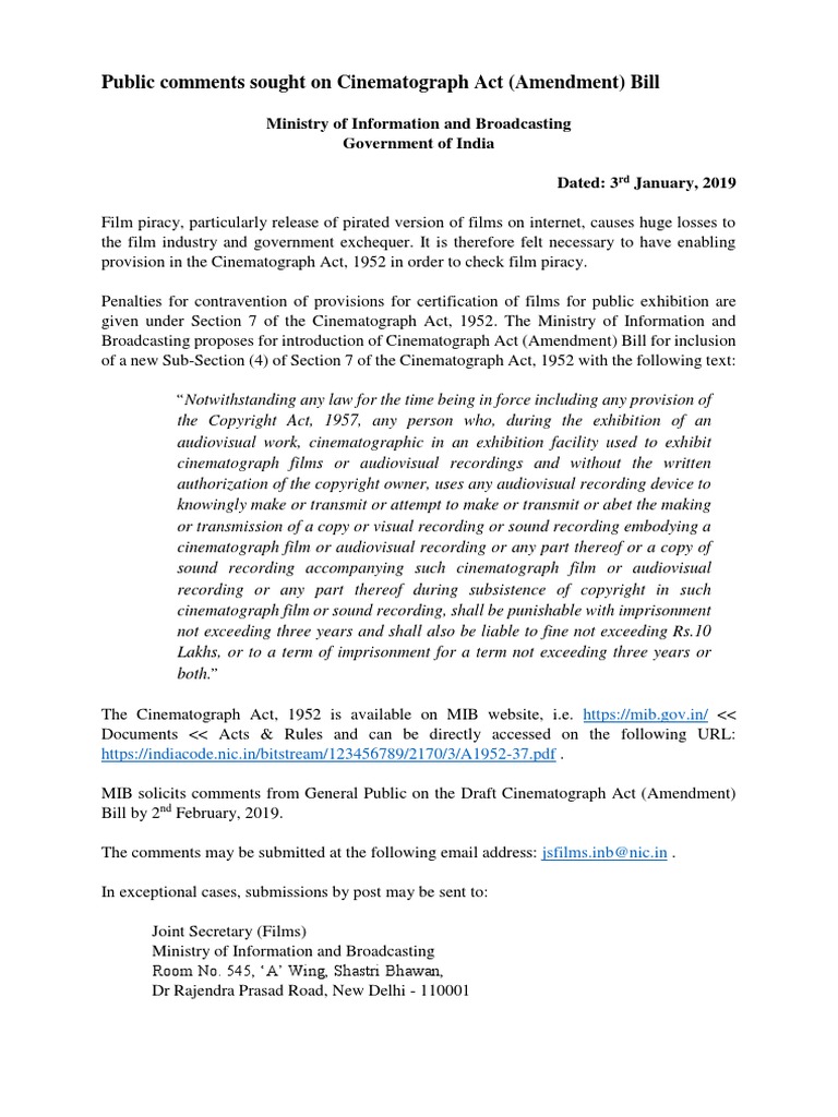 Public Notice - Amendment of Cinematograph Act Bill | PDF | Copyright ...