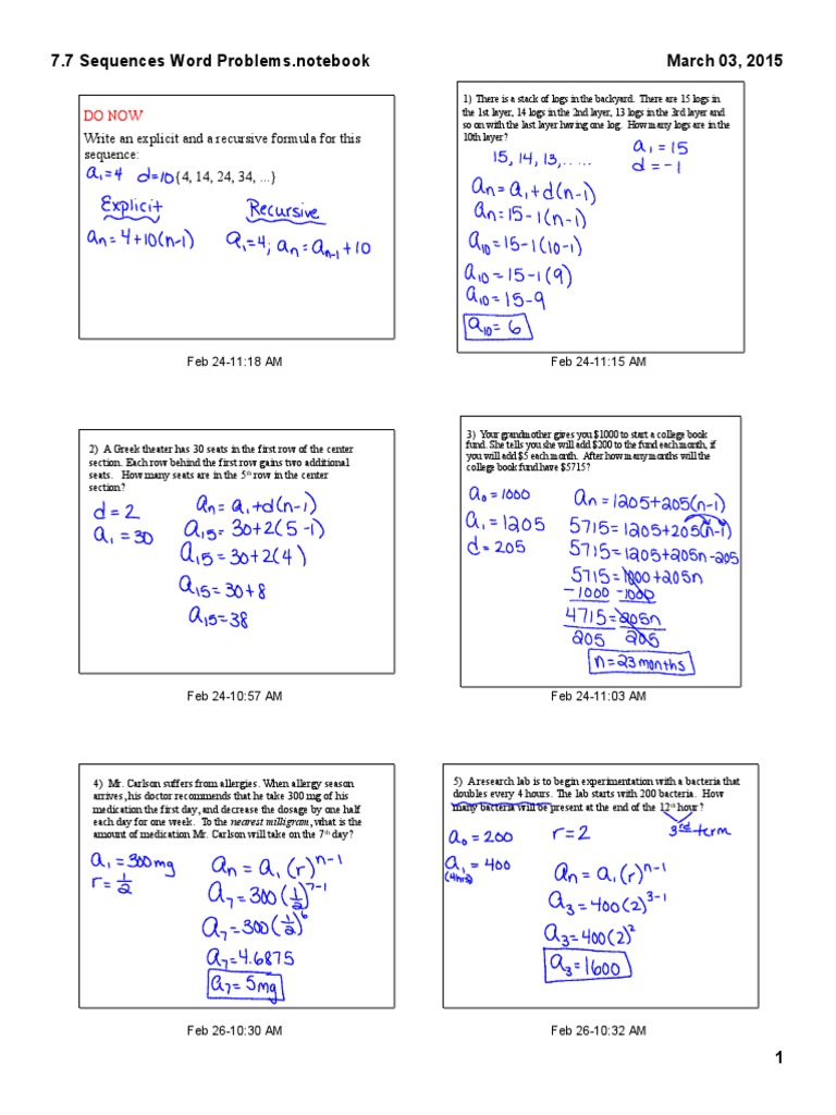 7.7 Sequences Word Problems - Notebook March 03, 2015 | PDF | Sports | Leisure