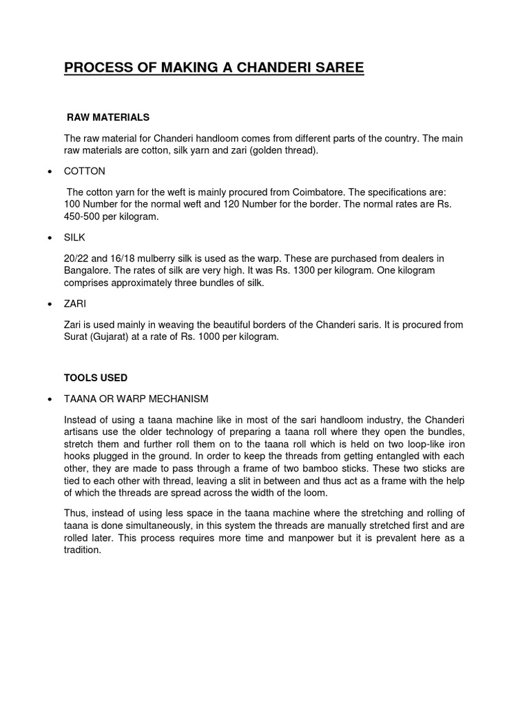 Process of Making A Chanderi Saree: Raw Materials | PDF | Weaving | Loom
