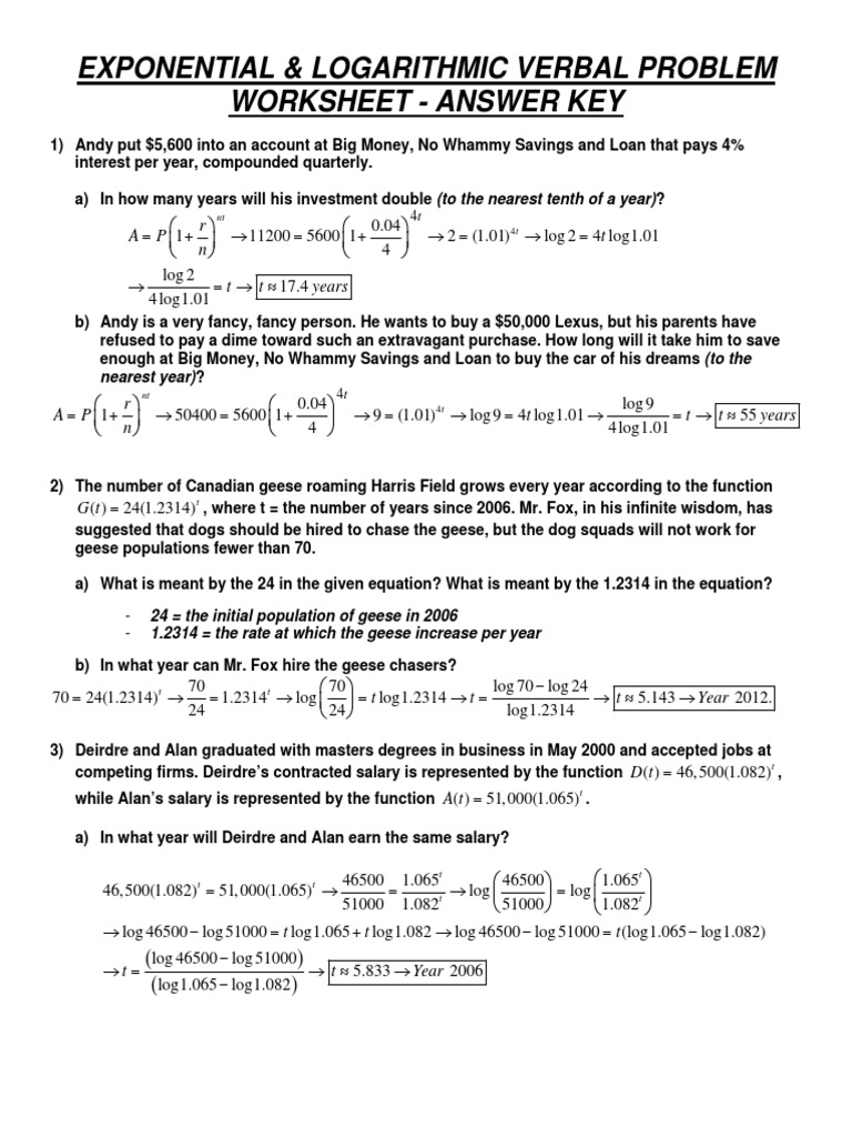Aim - 7 Handout ANSWER KEY - Verbal Problems With Exponential and ...