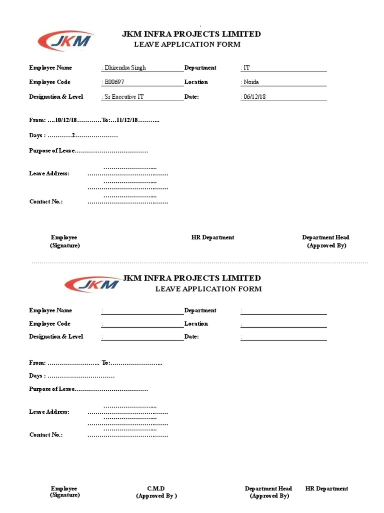 JKM Infra Projects Limited: Leave Application Form | PDF
