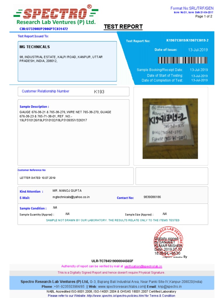 Spectro Gauze Report | PDF | Sets Of Chemical Elements | Metallic Elements