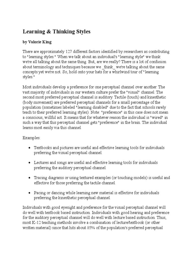 Learning & Thinking Styles: by Valorie King | PDF | Learning Styles | Thought