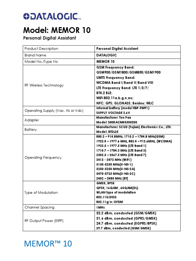Product Specs - Datalogic Memor-10 | PDF | Ieee 802.11 | Lte ...