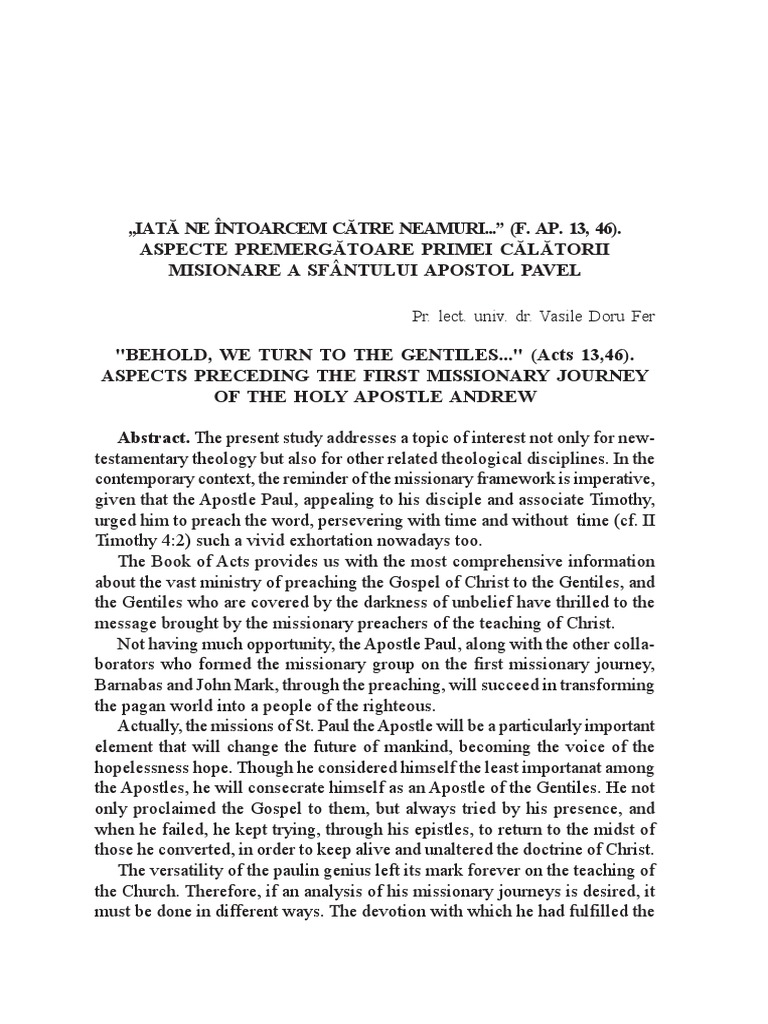Fer - Aspecte Premergatoare Primei Calatorii Misionare Din Fapte 13 | PDF | Acts Of The Apostles ...
