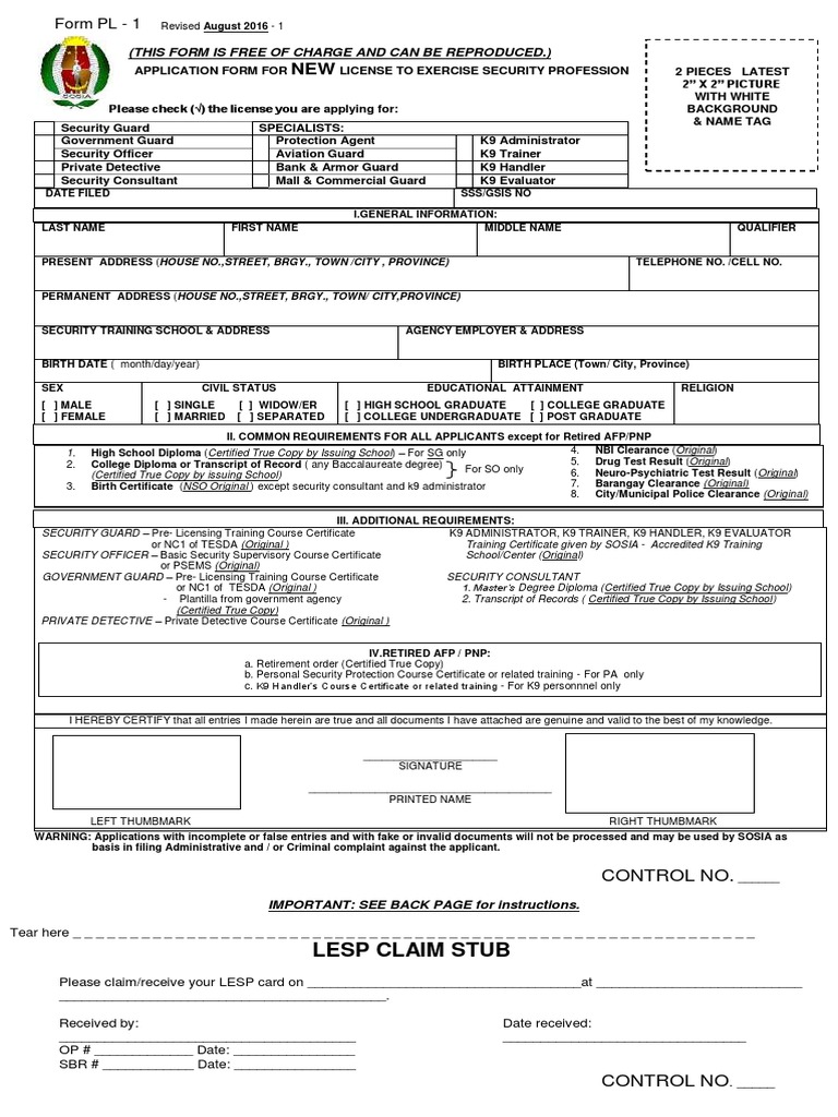 Lesp (Security) New Application Form 08-2016 | PDF | Security Guard ...