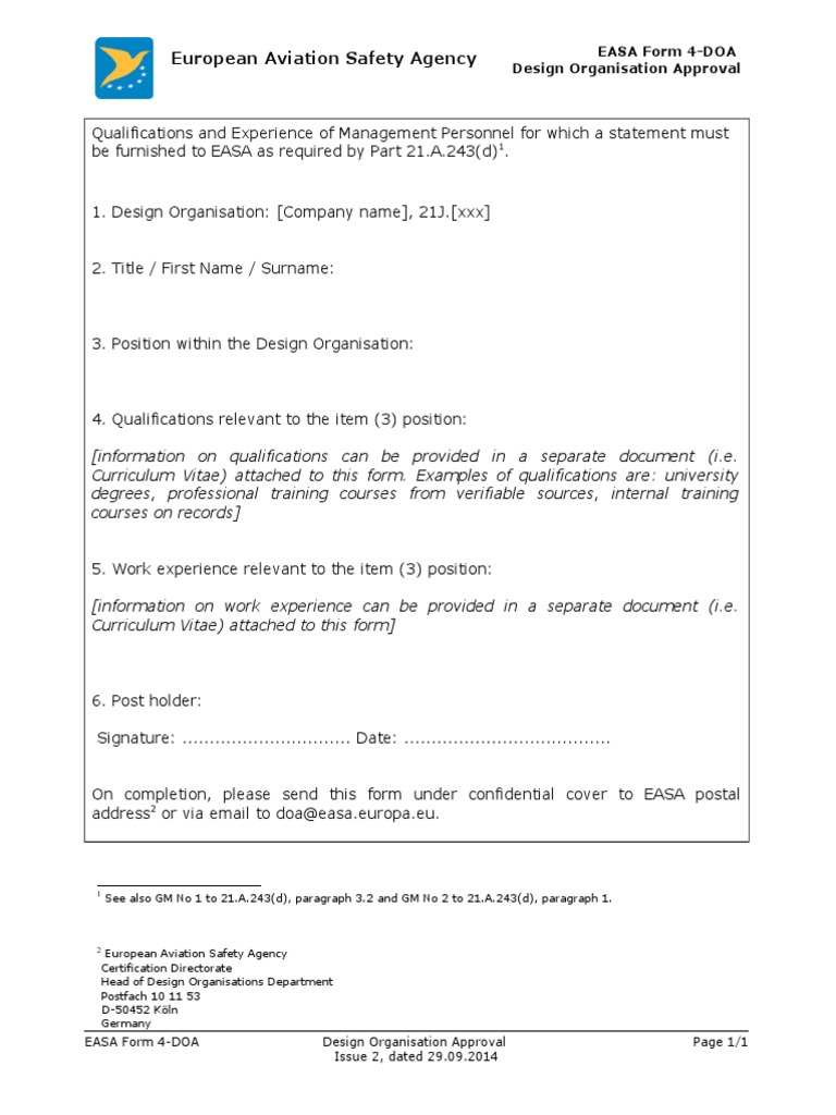 European Aviation Safety Agency: EASA Form 4-DOA Design Organisation ...