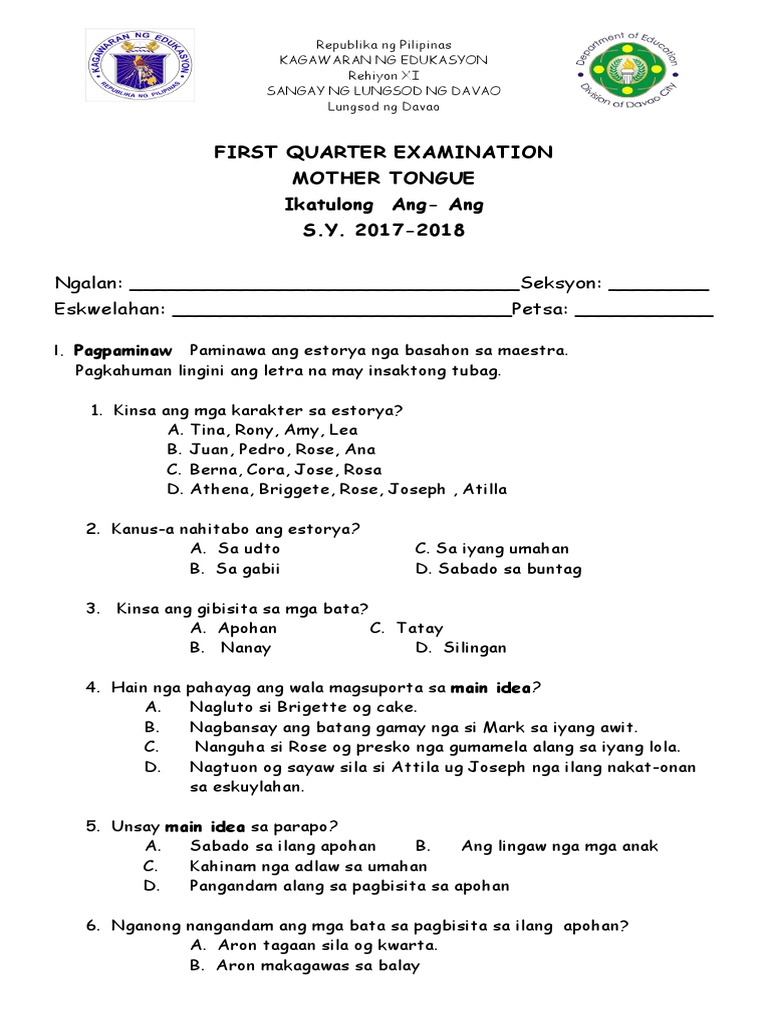 1st Quarter Exam Grade 3 With Tos & Answer Key | PDF