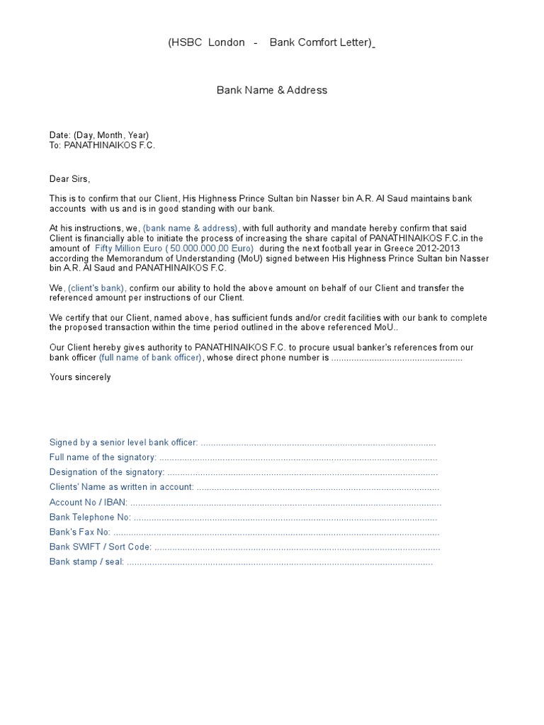 HSBC London - Bank Comfort Letter | PDF | Banks | Guarantee