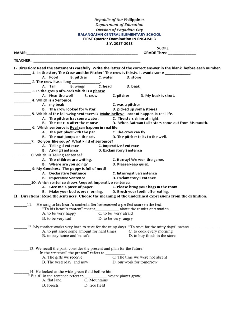 English 1st Quarter Grade 3 | PDF | Plural | Noun