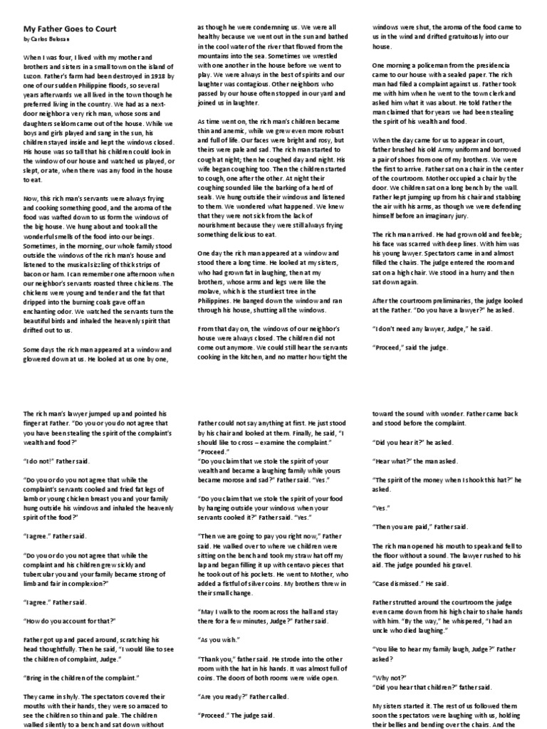 My Father Goes To Court: by Carlos Bulosan | PDF | Foods