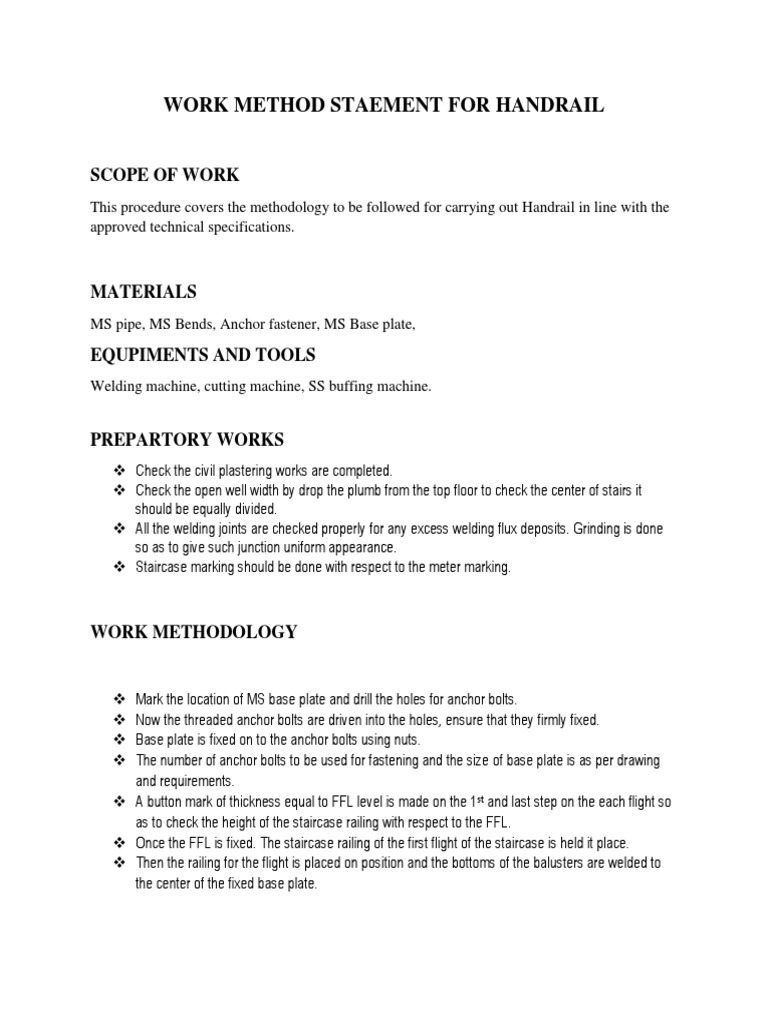 Work Method Statement For Staircase Handrail | PDF | Stairs | Screw