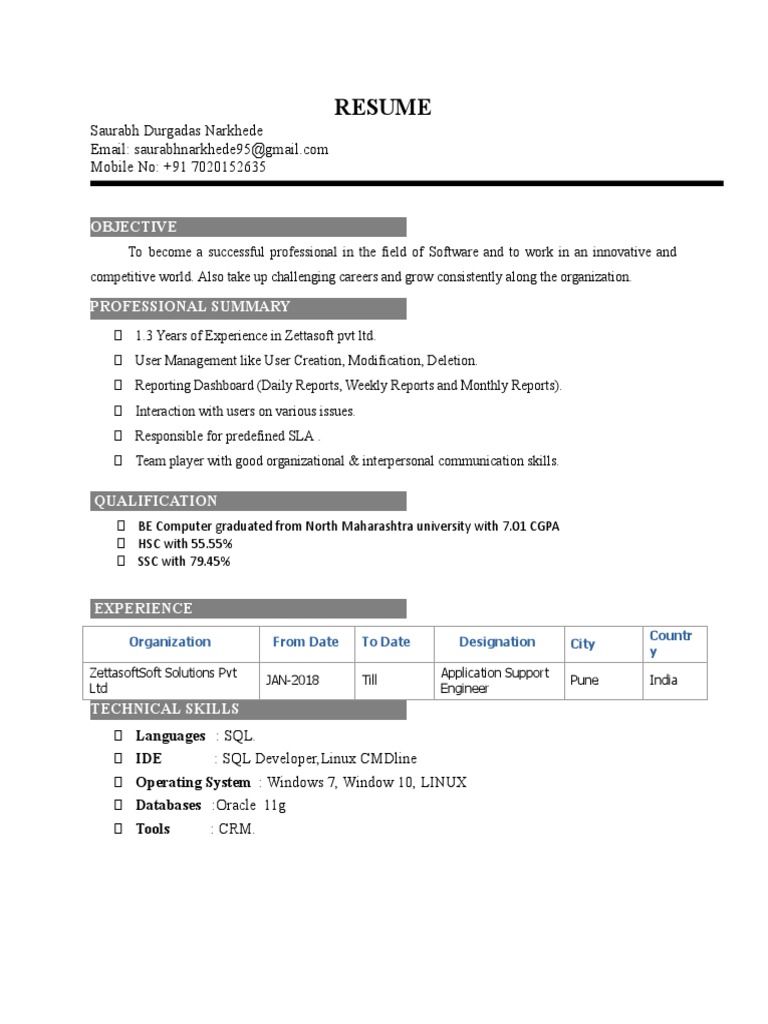 Resume: Saurabh Durgadas Narkhede Mobile No: +91 7020152635 | PDF | Application Software | Computing