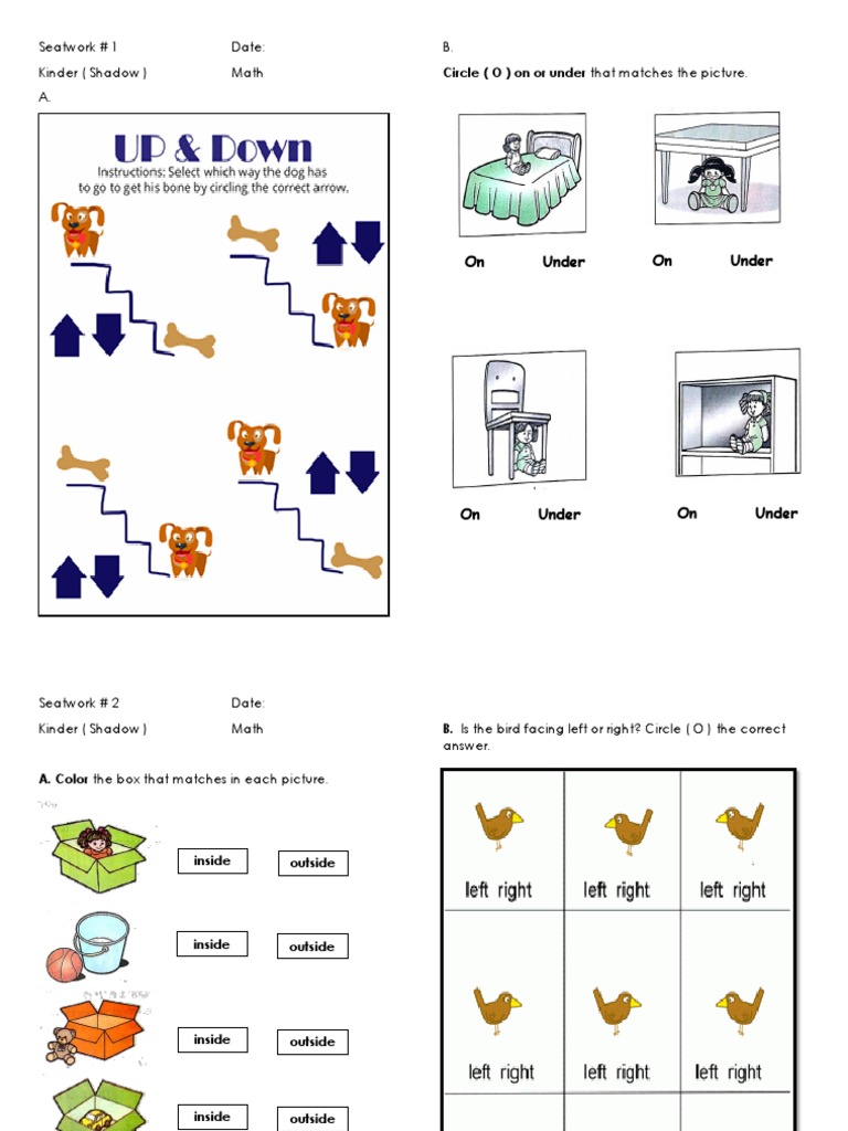 Seatwork # 1 Date: Kinder (Shadow) Math A. B.: On Under On Under | PDF ...