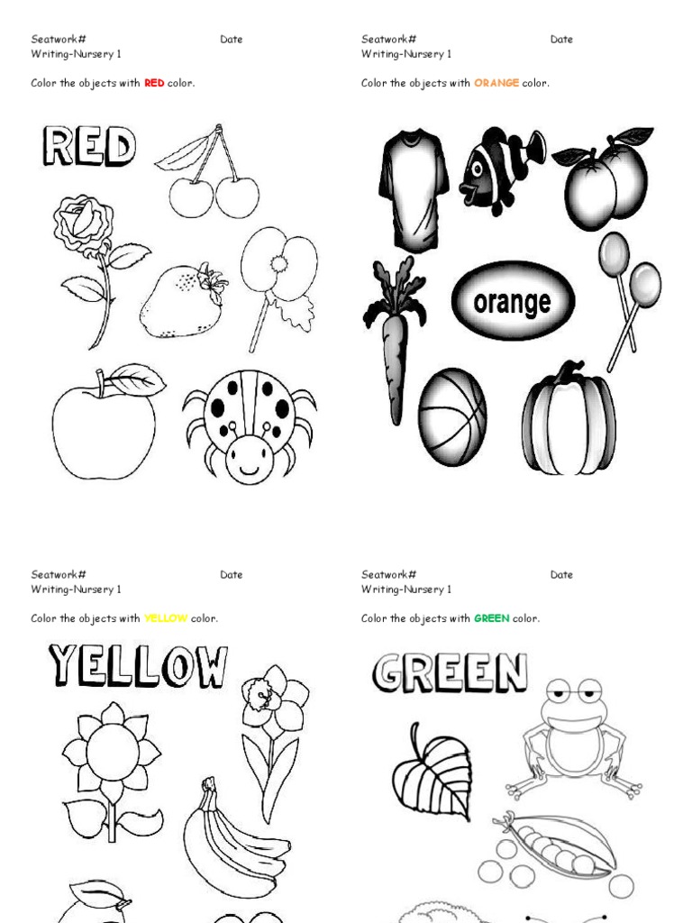 Seatwork# Date Writing-Nursery 1 Color The Objects With Color. Seatwork ...
