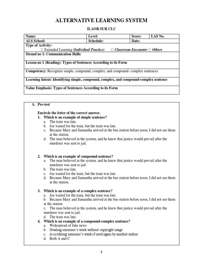 Lesson 1 Types of Sentences According o Its Forms | PDF | Sentence ...