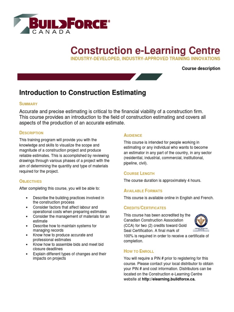 Construction E-Learning Centre: Introduction To Construction Estimating ...