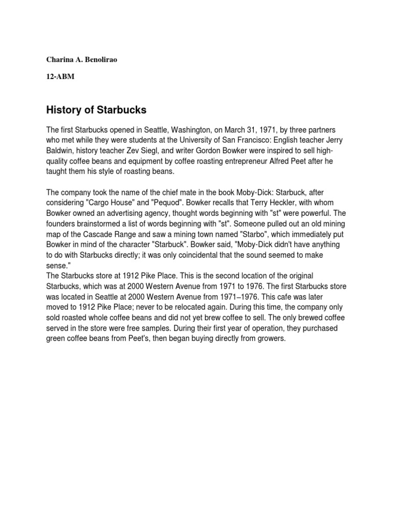History of Starbucks: Charina A. Benolirao 12-ABM | PDF