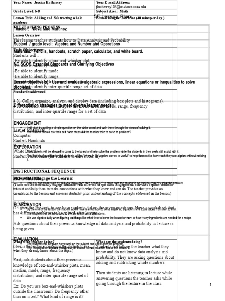 5E Lesson Plan | PDF | Lecture | Algebra