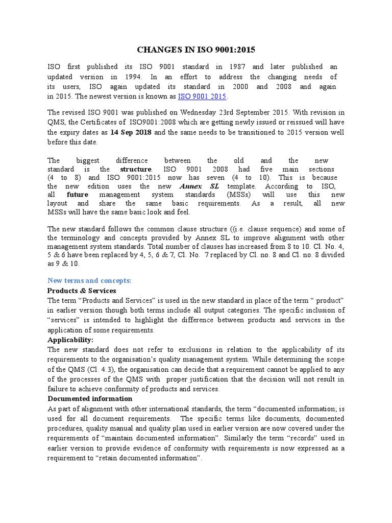 Changes In Iso 9001 2015 Pdf Quality Management System Quality