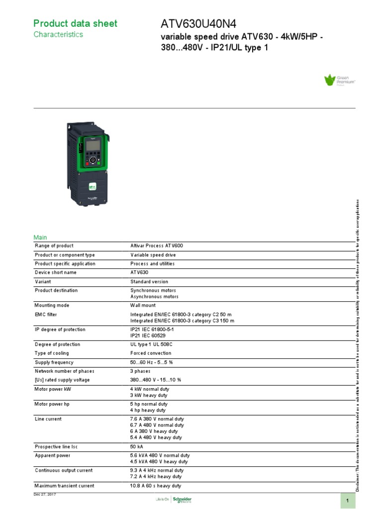 ATV630U40N4: Product Data Sheet | PDF | Electric Motor | Programmable ...