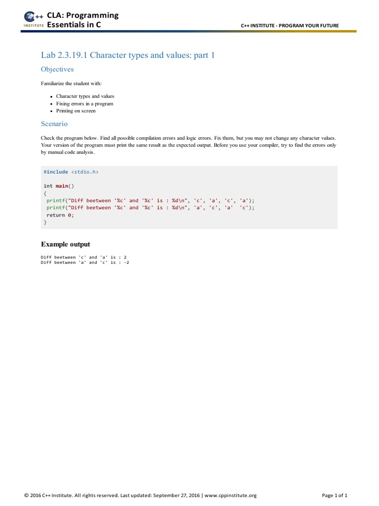 CLA: Programming Essentials in C: Lab 2.3.19.1 Character Types and ...