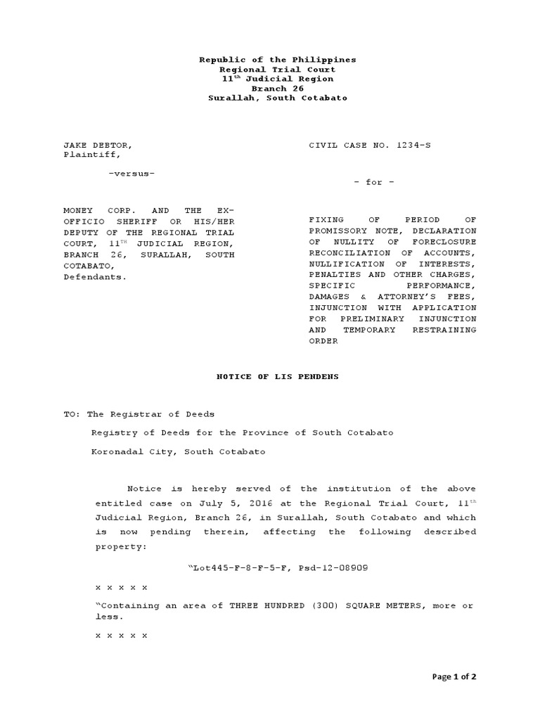 Sample Notice of Lis Pendens | PDF | Foreclosure | Private Law
