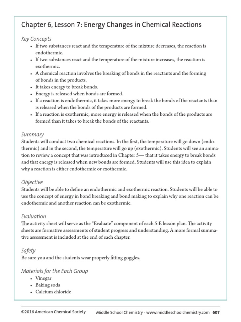 Chapter 6, Lesson 7: Energy Changes in Chemical Reactions: Key Concepts ...