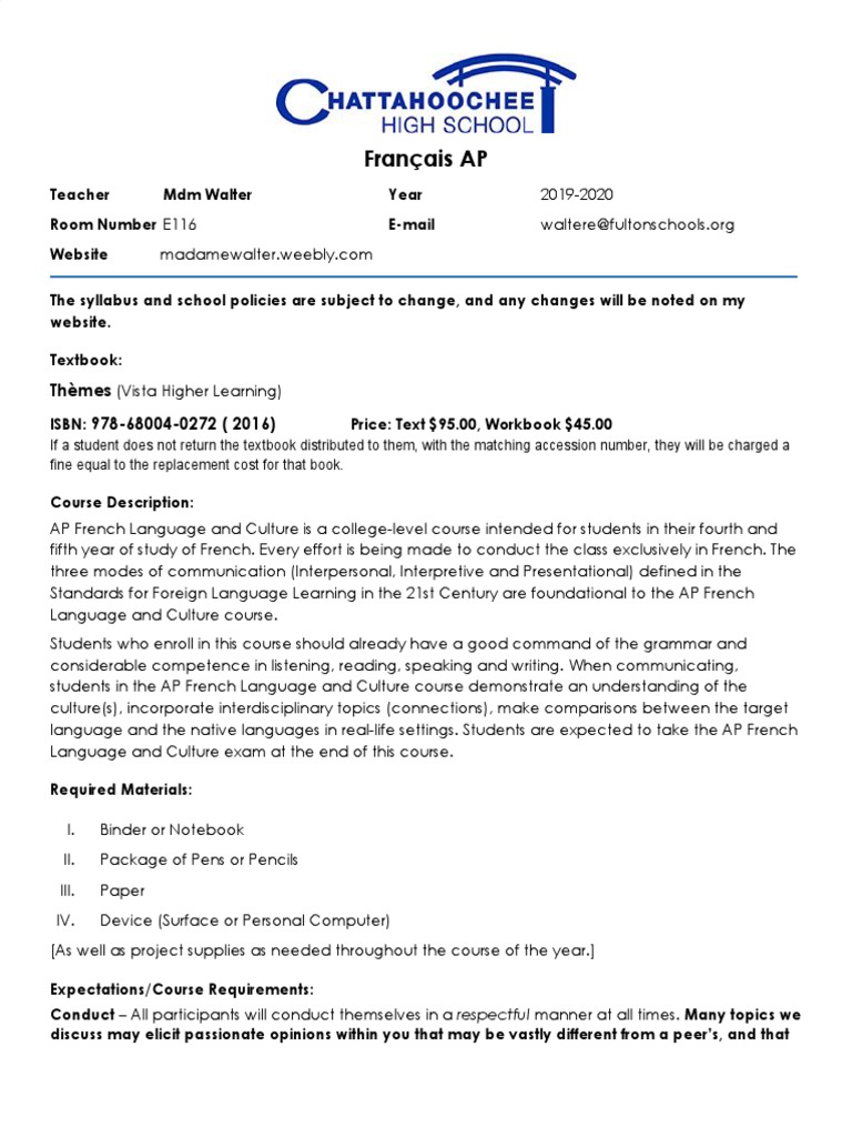 Syllabus Ap Fre 2019-2020 | PDF | Homework | Textbook