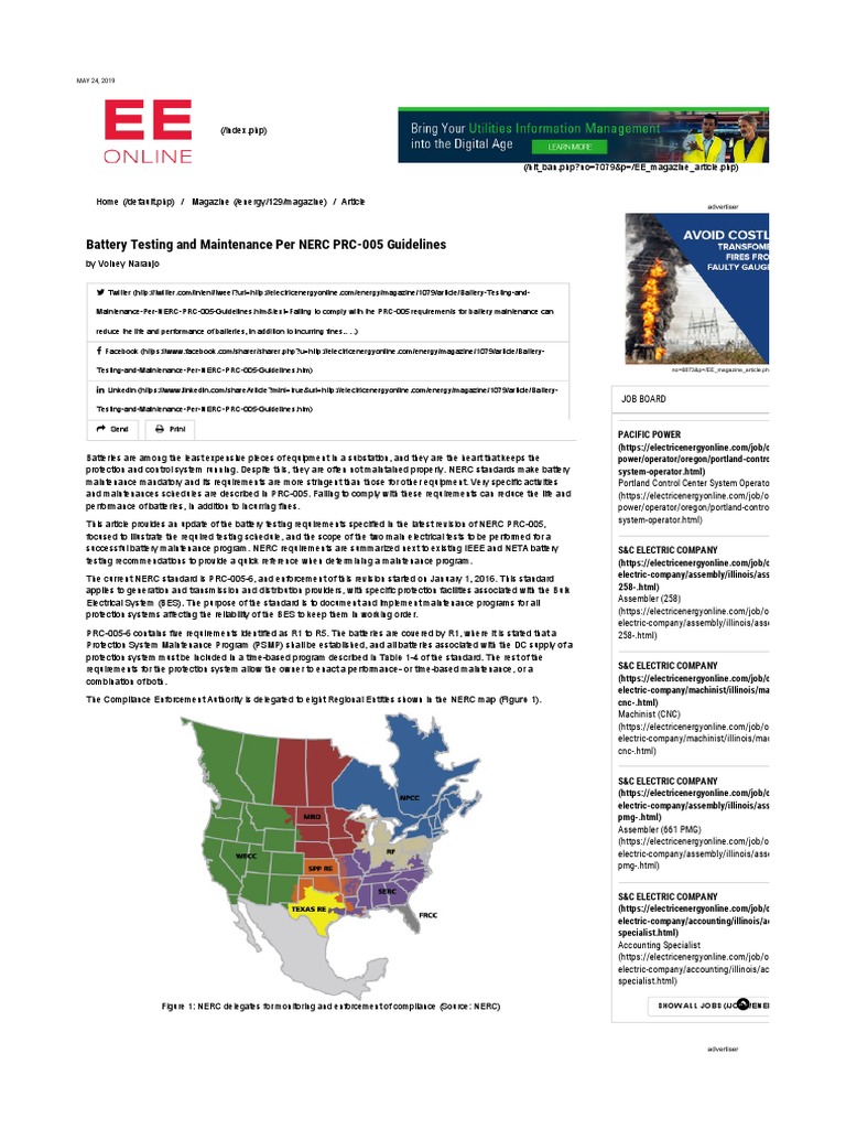 Battery Testing and Maintenance Per NERC PRC-005 Guidelines: No 6873&p ...