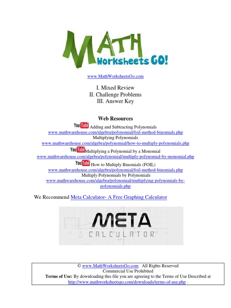 Operations With Polynomials Worksheet | PDF | Polynomial | Numerical ...
