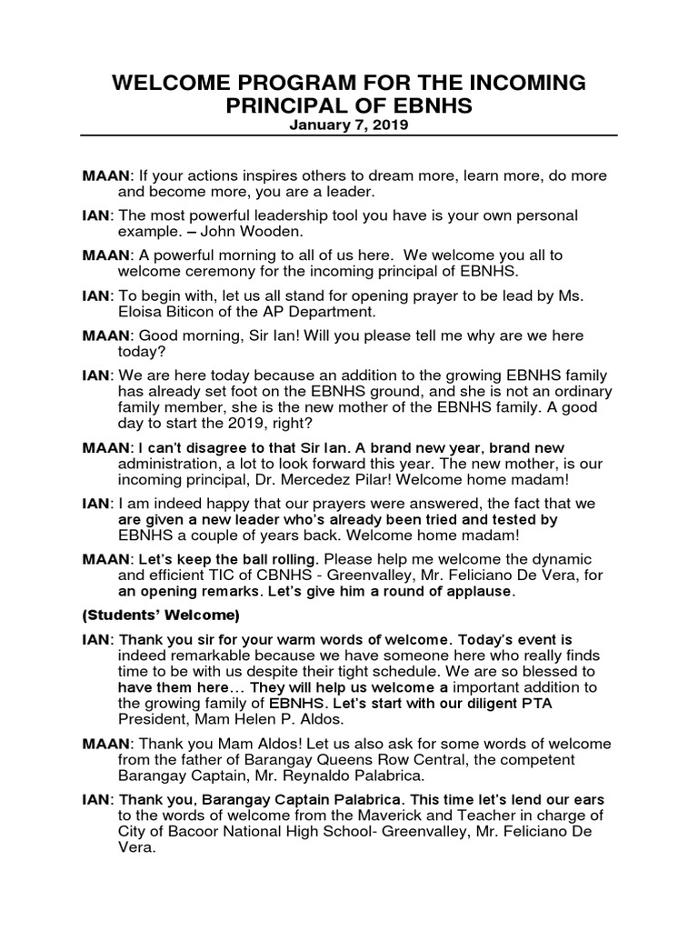 Welcome Program For The New Principal | PDF