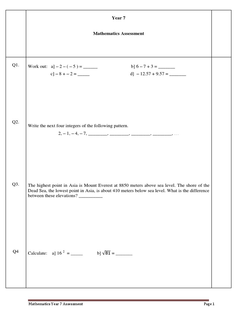 Year 7 Maths Assessment | PDF | Elementary Mathematics | Discrete ...