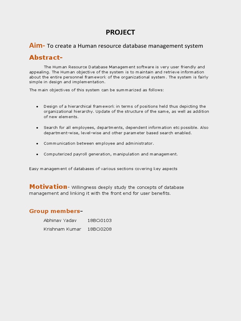 Project: To Create A Human Resource Database Management System | PDF ...