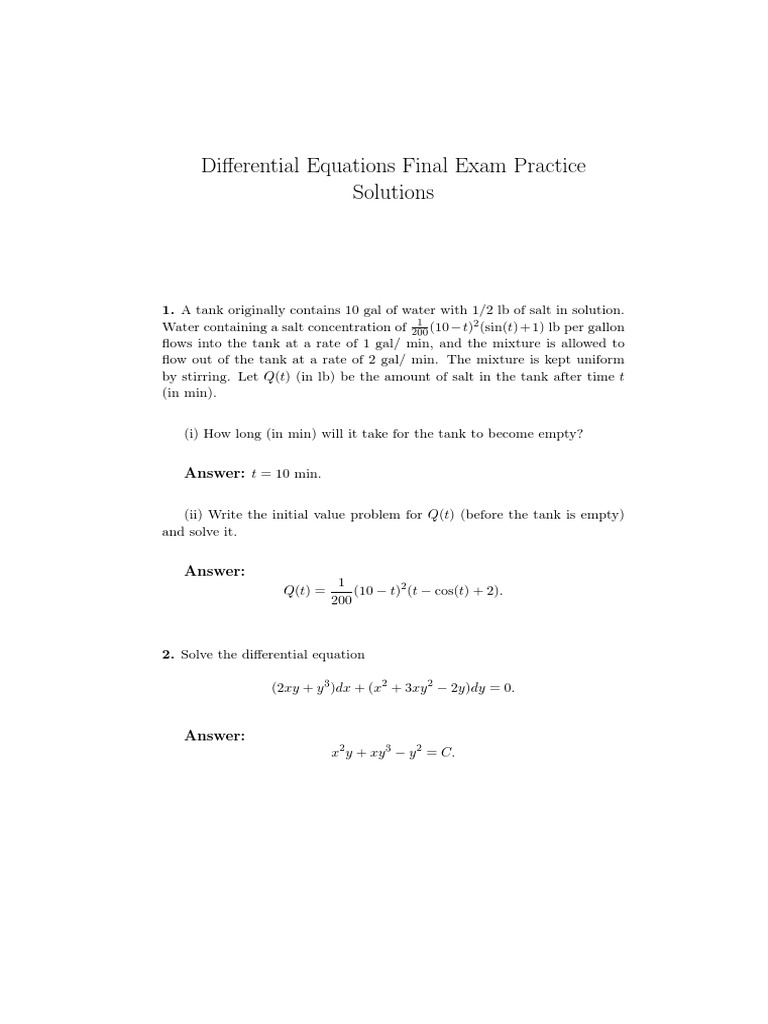 Differential Equations Final Exam Practice Solutions: Answer | PDF ...