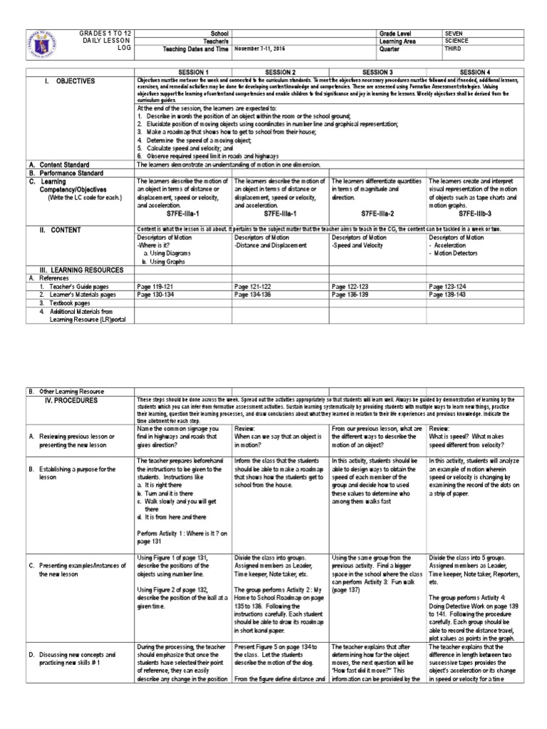 Grade 7 Science DLL: Motion Concepts | PDF | Waves | Sound
