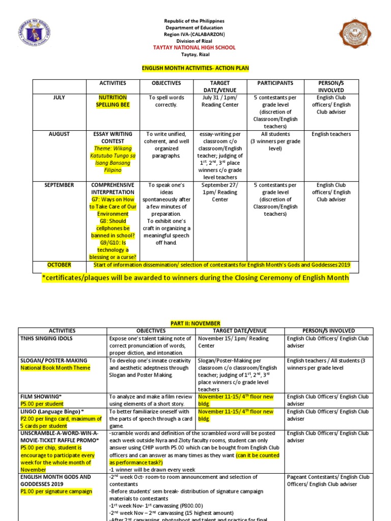 English Month Activities-Action Plan Activities Objectives Target Date ...