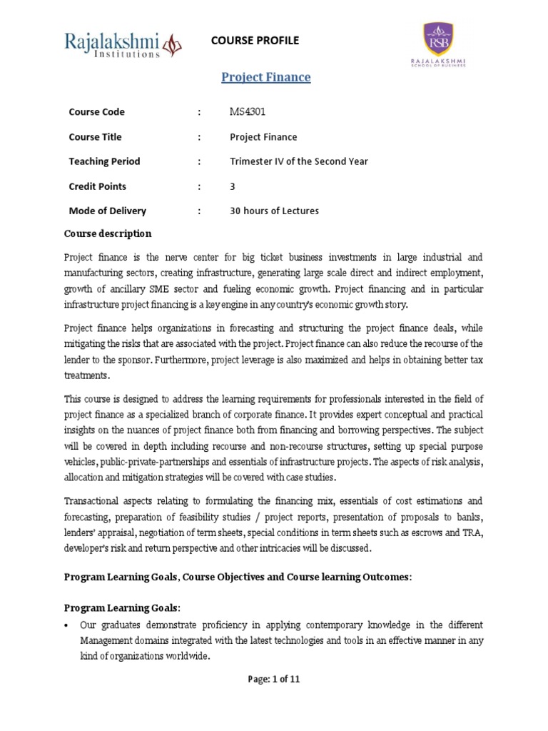 Project Finance Course Outline | PDF | Project Finance | Public–Private ...