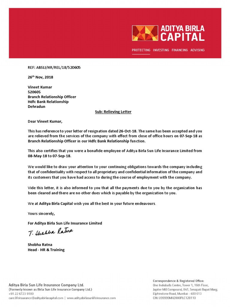 Relieving Letter ABSLI | PDF