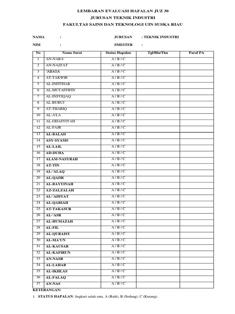 Lembaran Evaluasi Hafalan Juz 30 | PDF